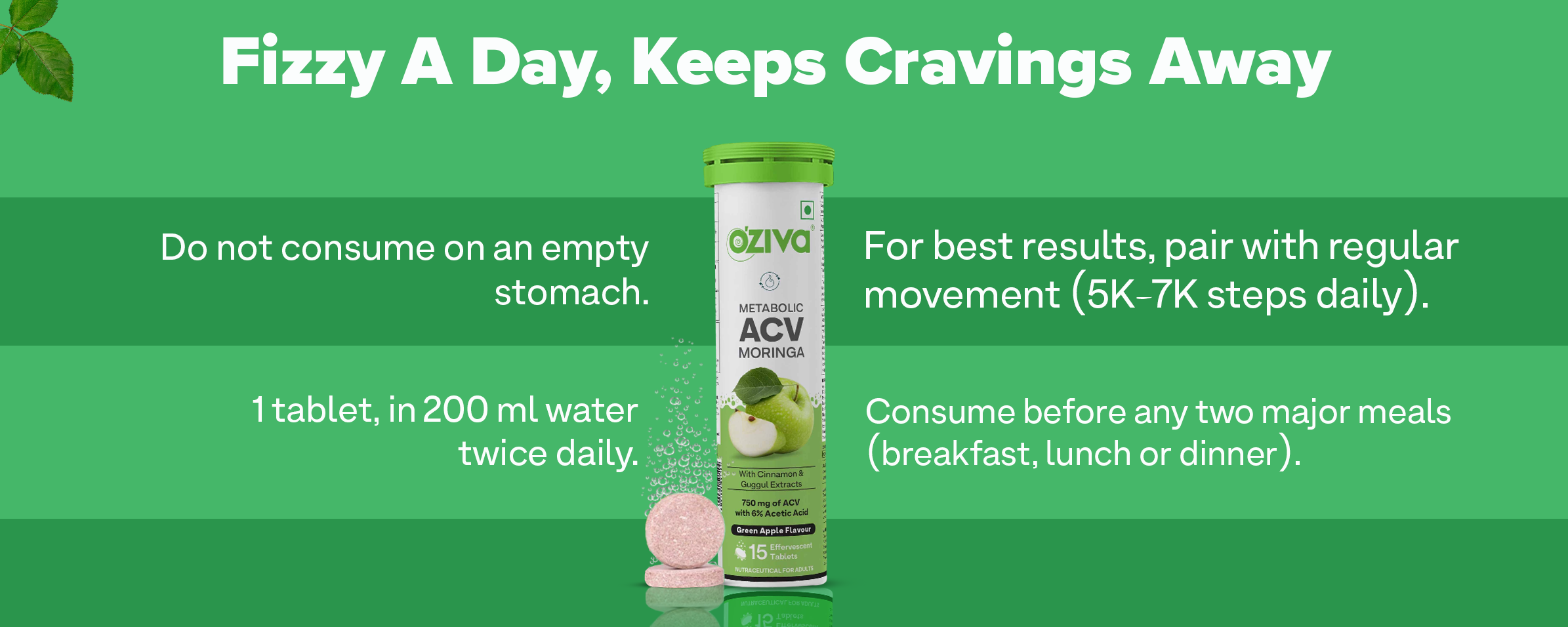 Oziva Metabolic ACV Moringa Effervescent Tablet (15 Each) Green Apple ...