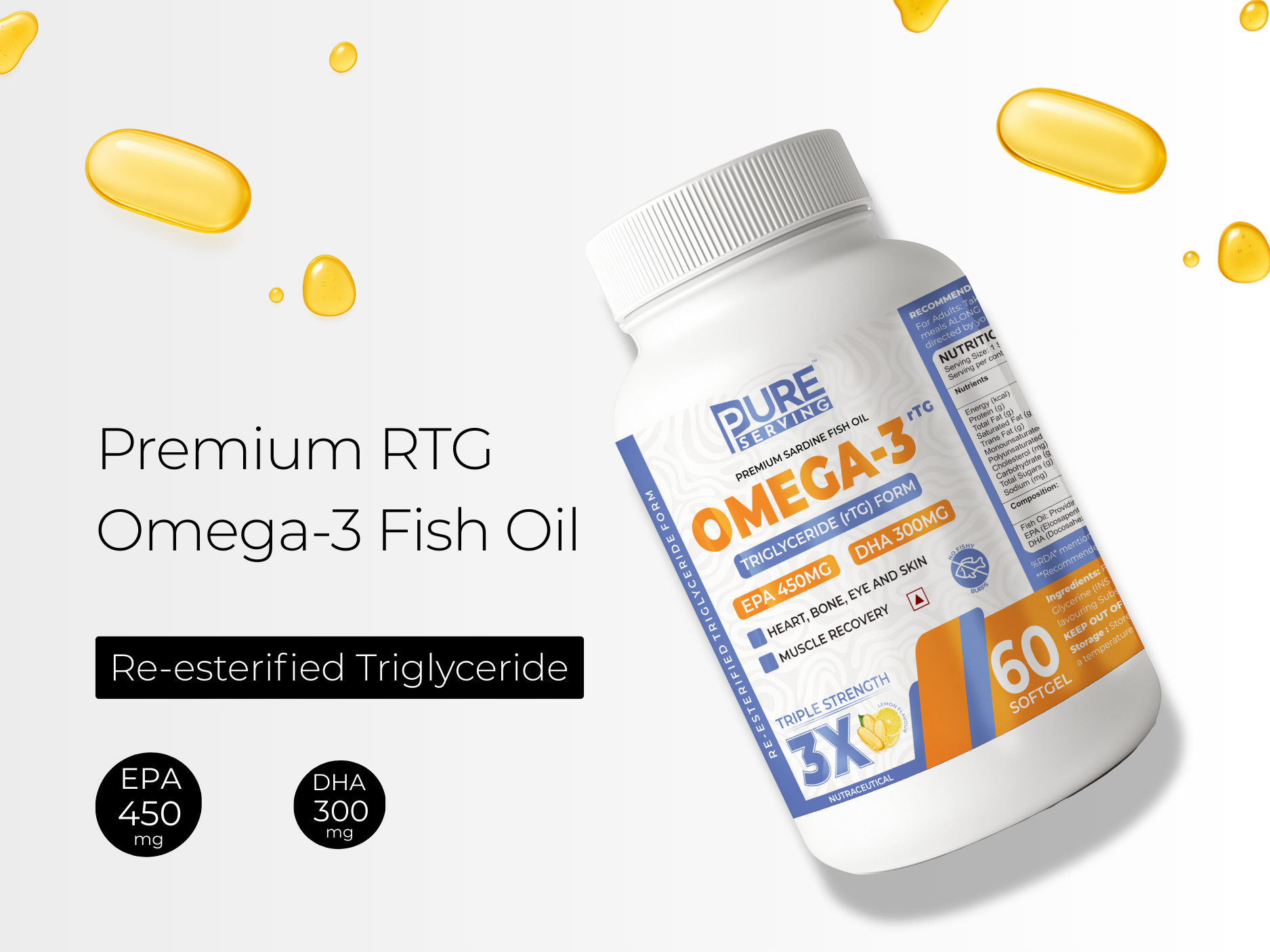 Pure Serving 3X Strength Omega 3 450mg EPA/300mg DHA Re-Esterified ...